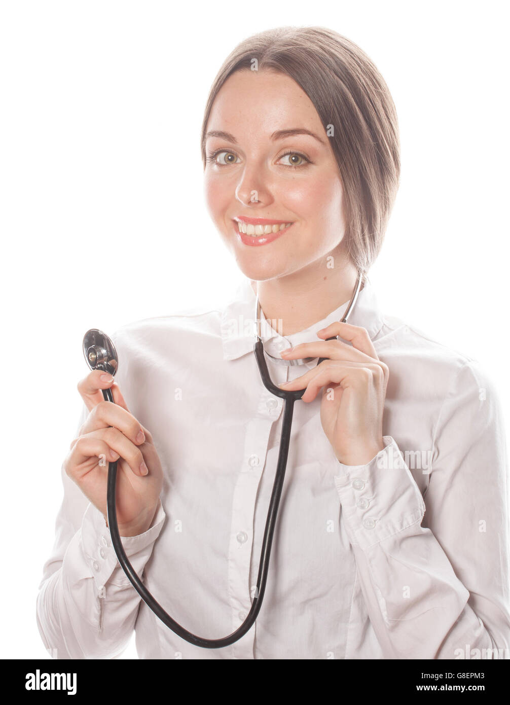 young pretty woman doctor with stethoscope on white background Stock ...