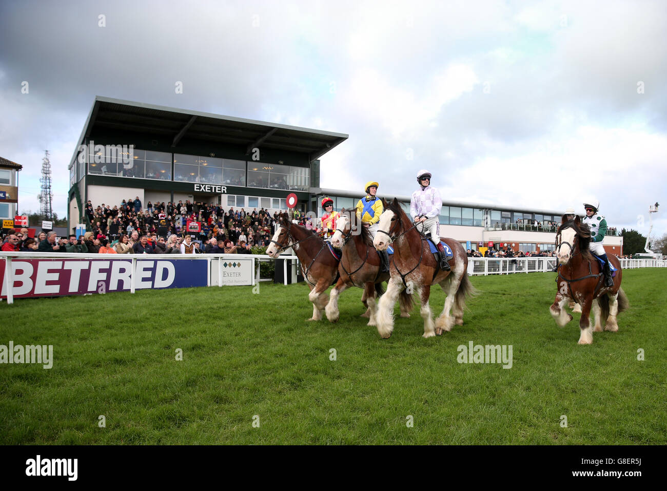 Runners and riders following the Exeter Racecourse Clydesdale Stakes ...