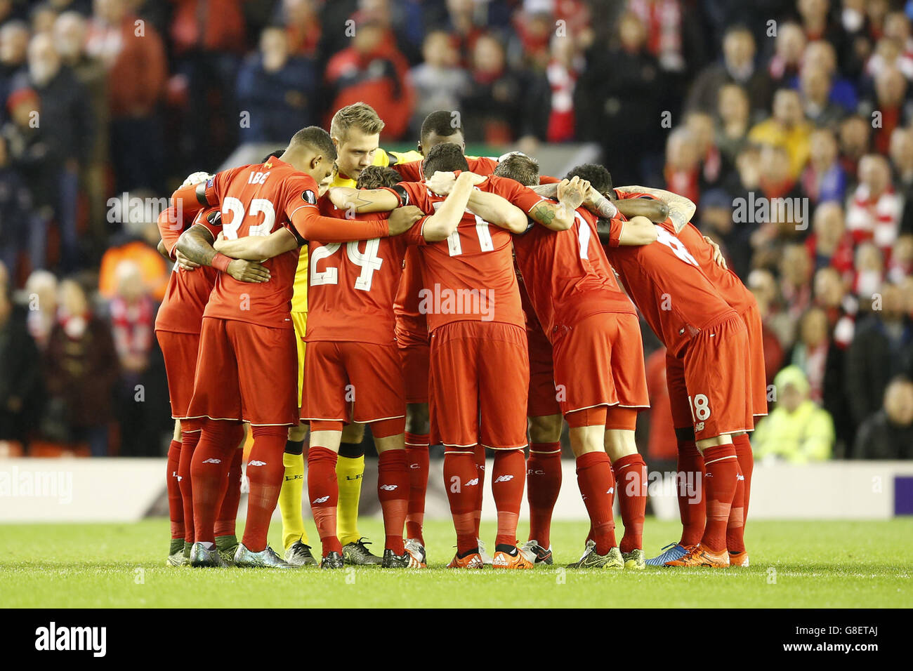 The Liverpool team form a huddle before kick-off during the UEFA Europa ...