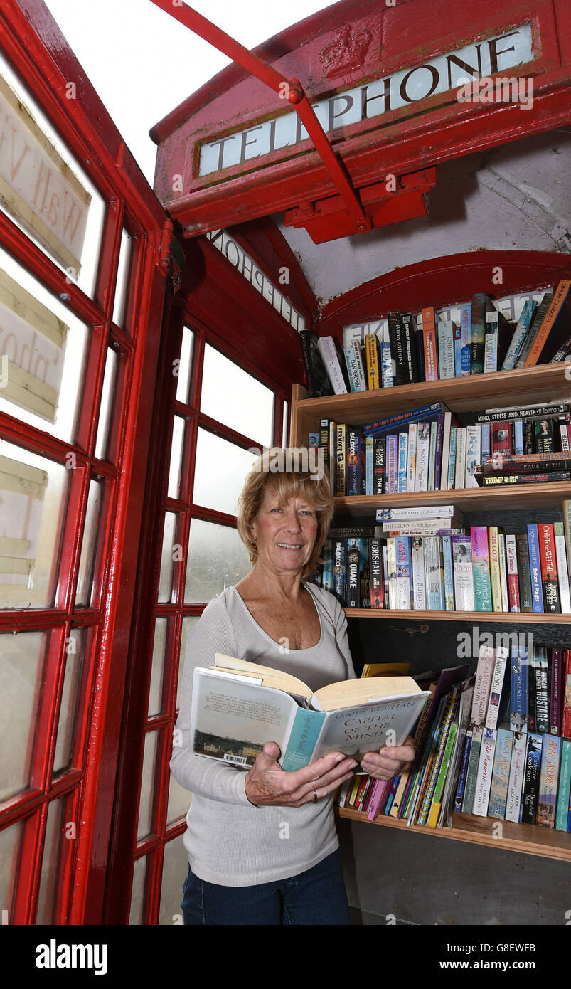 Wendy Hanlon looks at books in a red phone box which has been converted ...