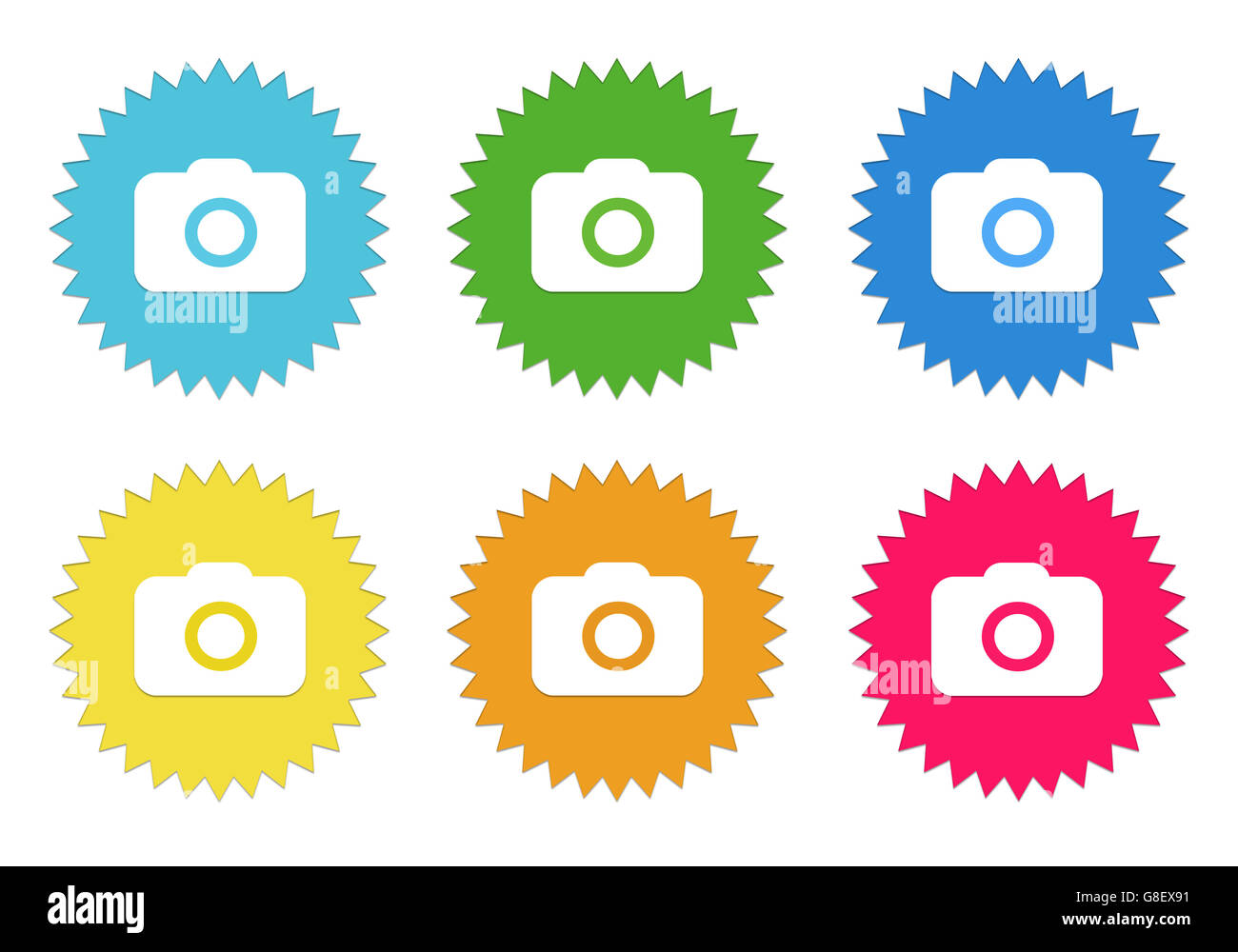 Set of colorful stickers icons with camera symbol in blue, green ...