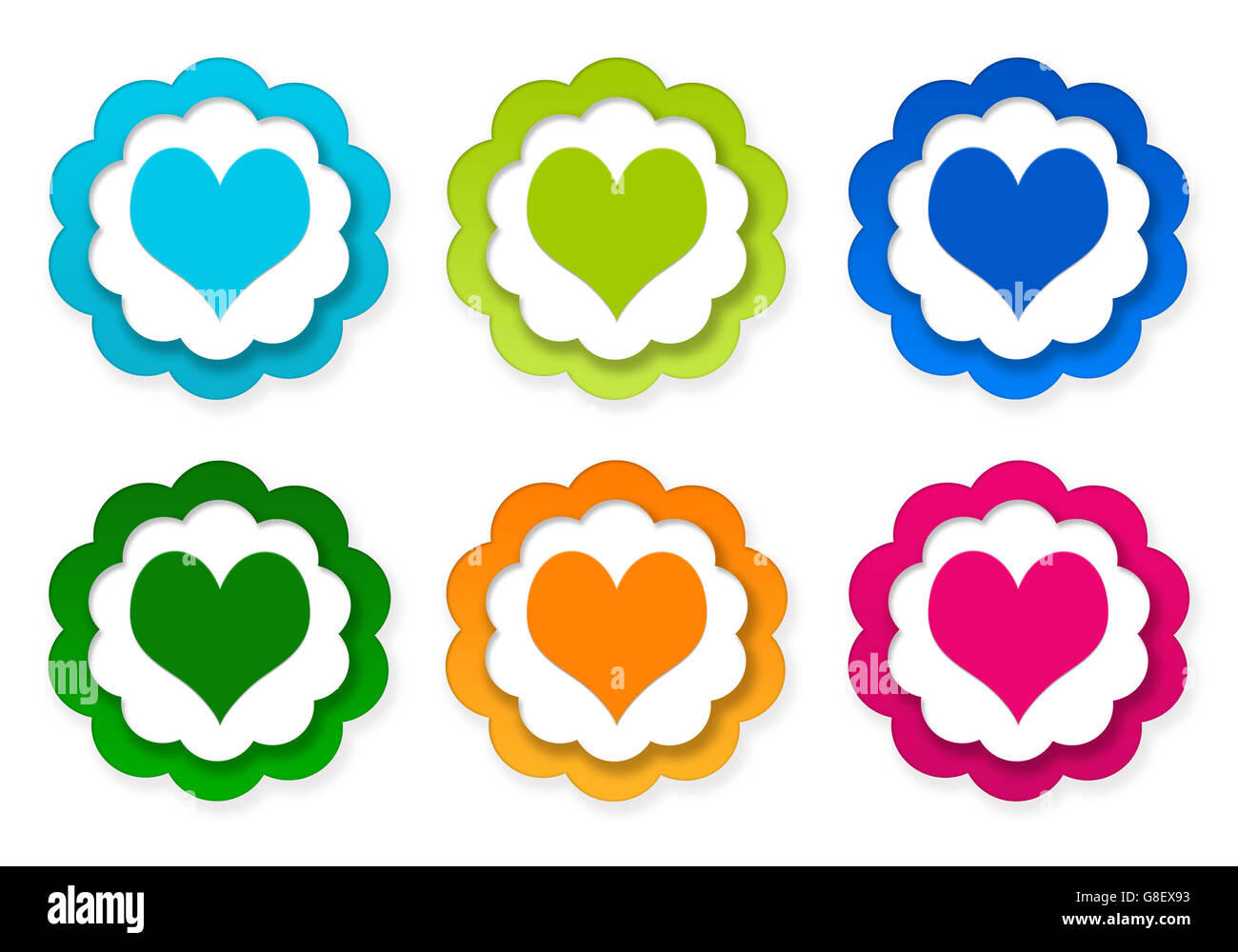 Set of colorful stickers icons with heart symbol in blue, green, pink ...