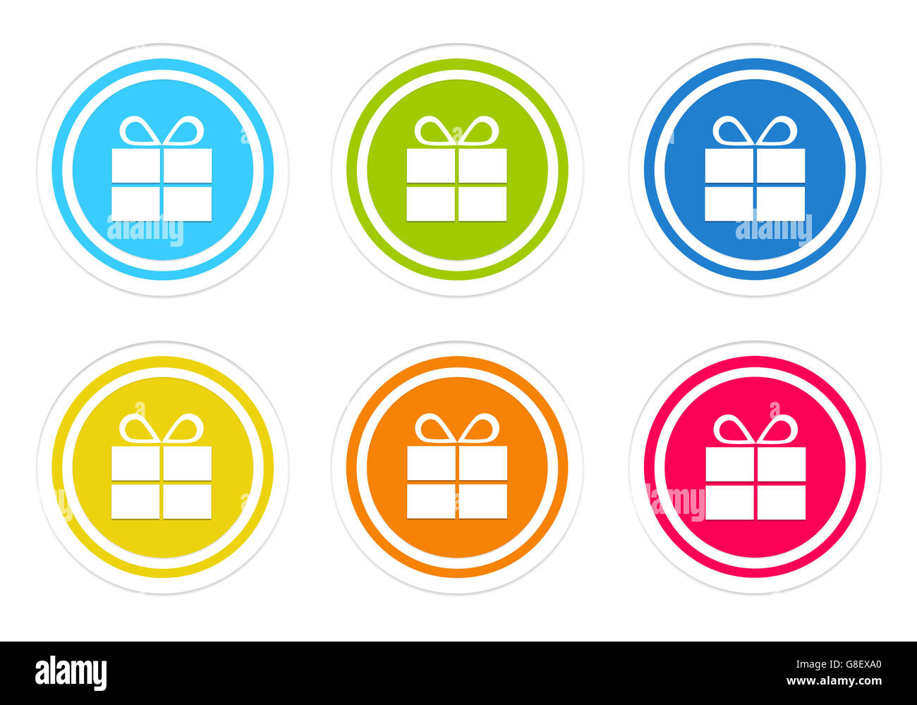 Set of rounded colorful buttons with gift symbol in blue, green, yellow ...