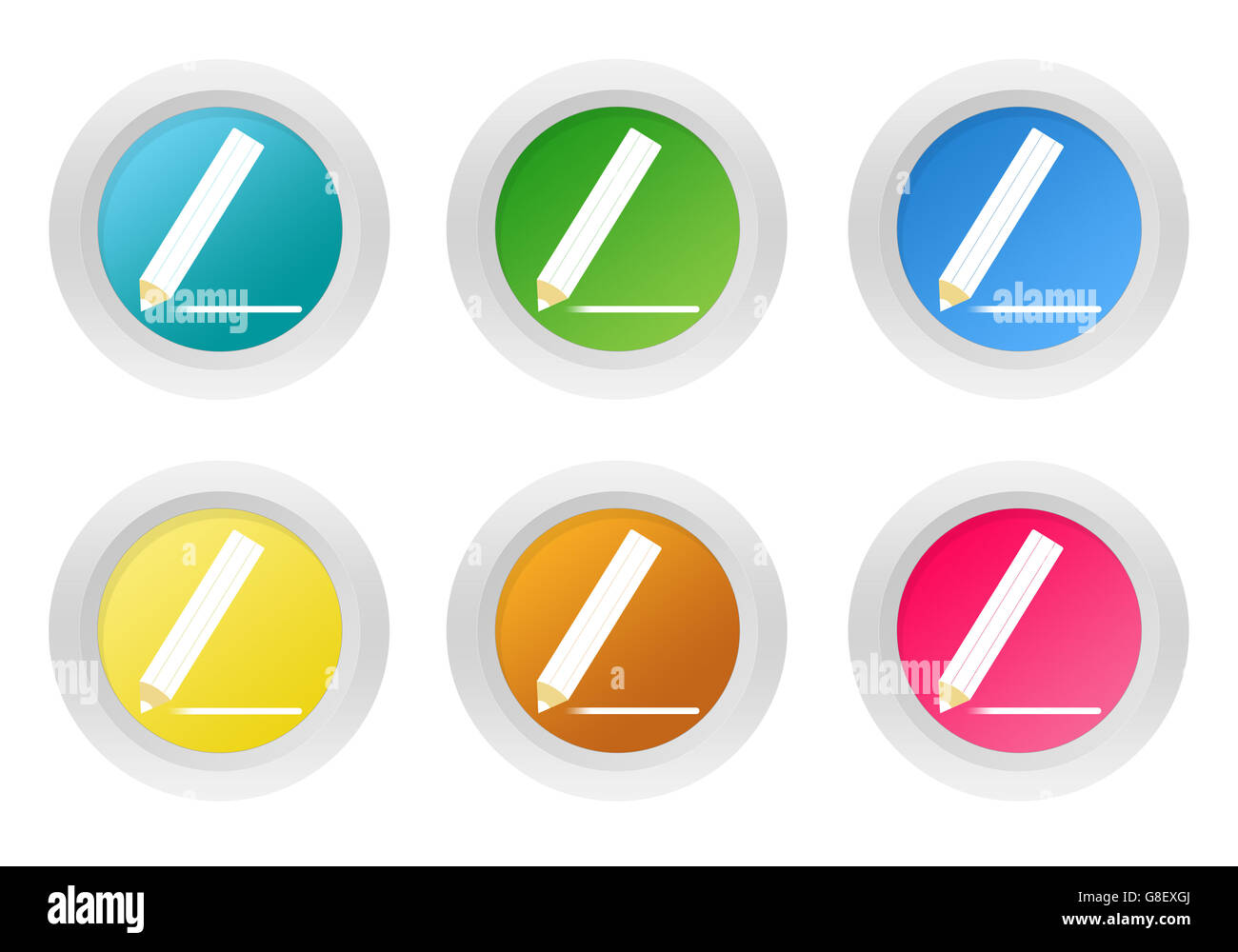 Set of rounded colorful buttons with pencil symbol in blue, green ...