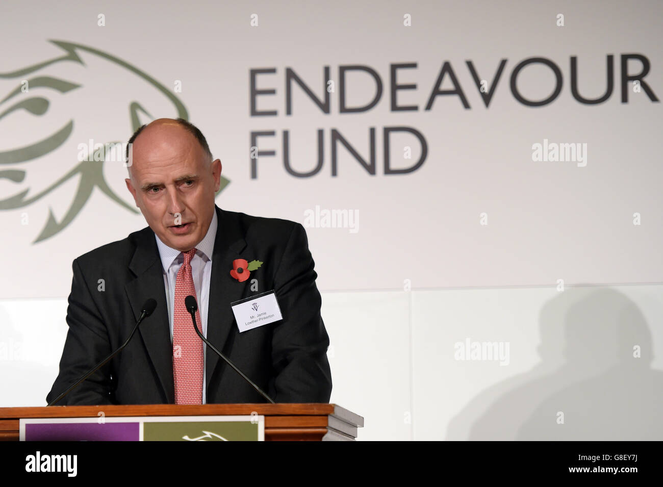 Jamie Lowther-Pinkerton speaking at a reception for the Endeavour Fund ...