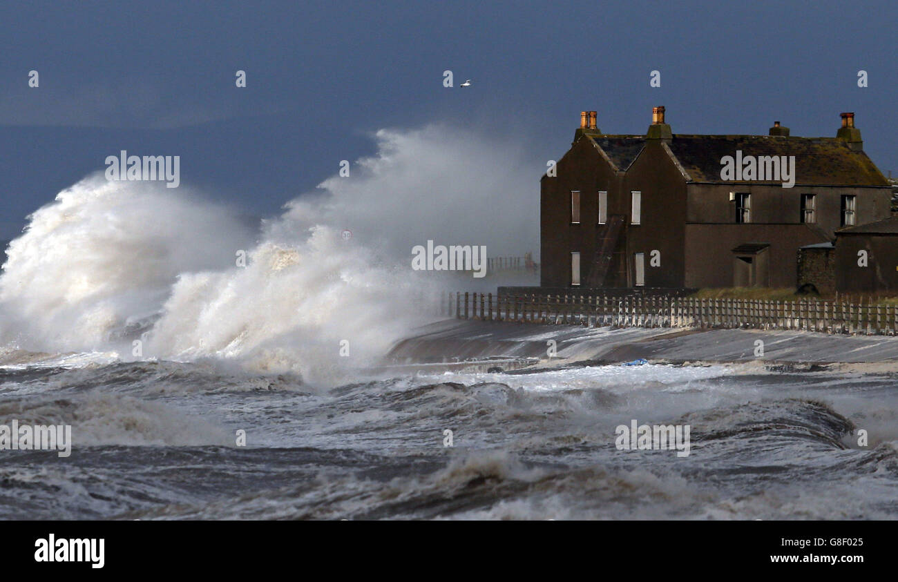 Gale force winds blowing of the Sea at Allonby in Cumbria today as the ...