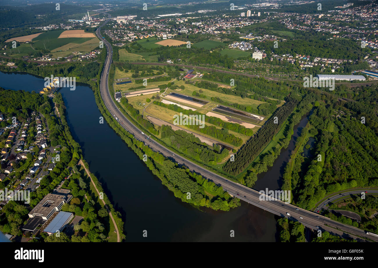 Aerial view, A1 motorway in the Ruhr valley, Volme mouth, the river ...