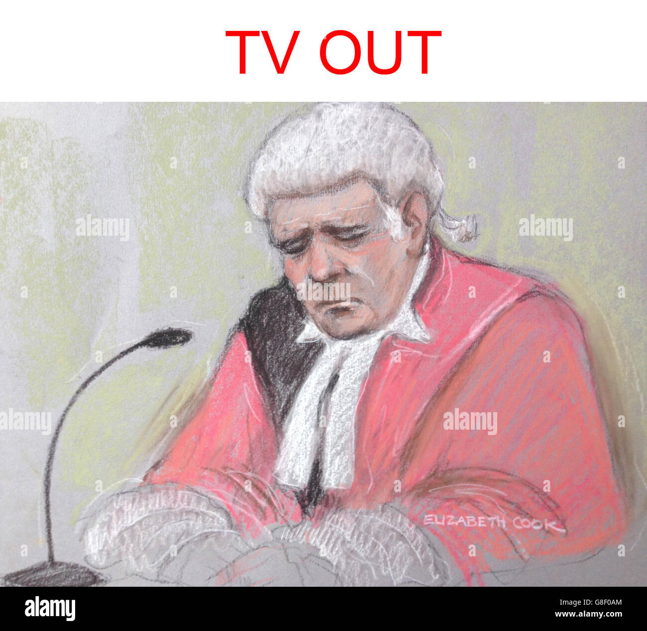TV OUT Court artist sketch by Elizabeth Cook of trial judge Mr Justice ...