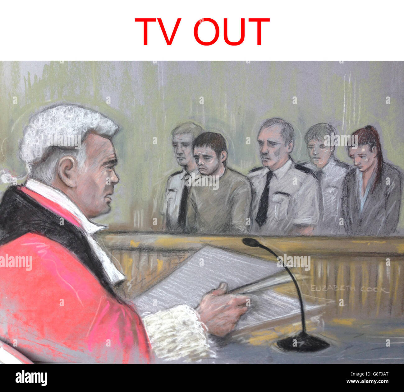 TV OUT Court artist sketch by Elizabeth Cook of trial judge Mr Justice ...