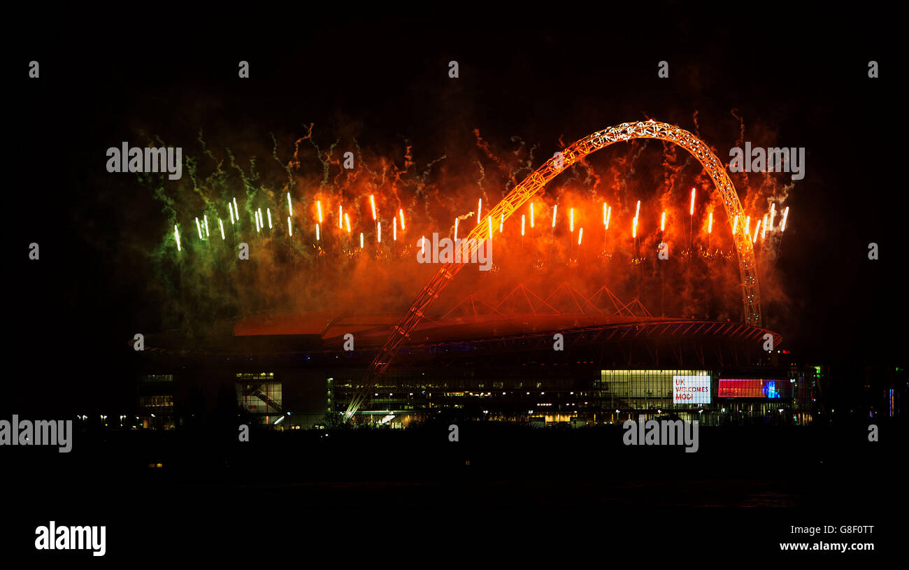 A fireworks display above Wembley Stadium in London, during a welcome ...