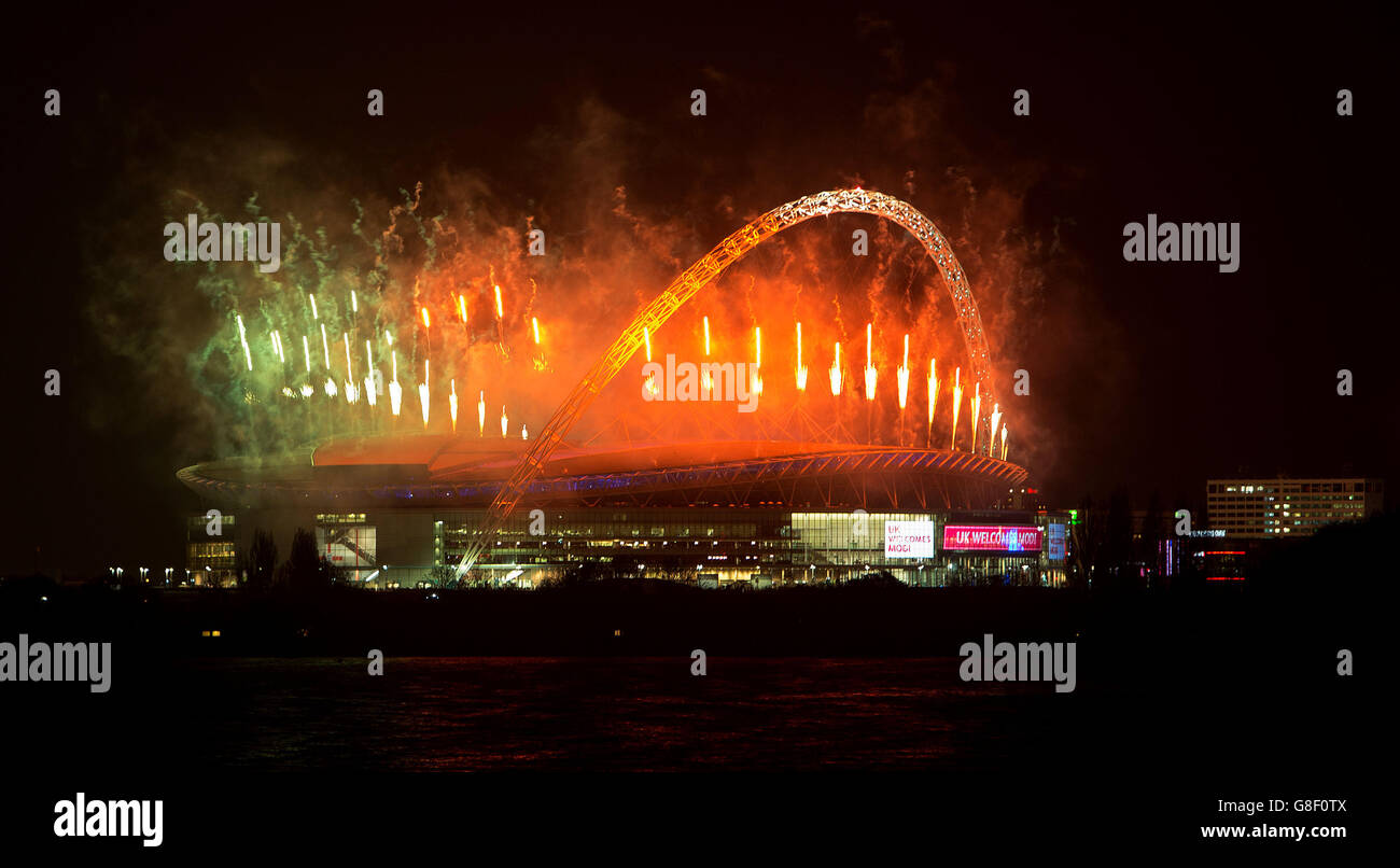 A fireworks display above Wembley Stadium in London, during a welcome ...
