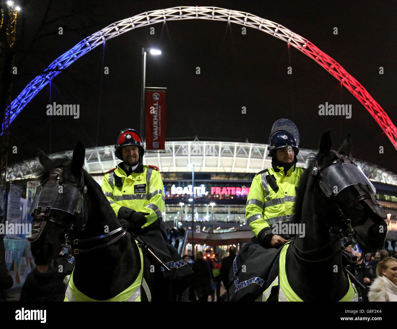 Mounted police outside Wembley Stadium in London where the French ...