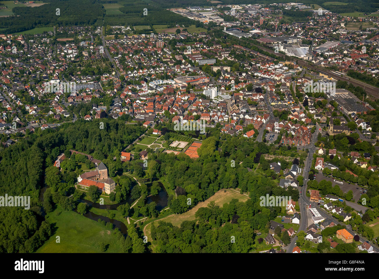 Aerial view, overview of the Rheda Castle, moated castle with moat ...