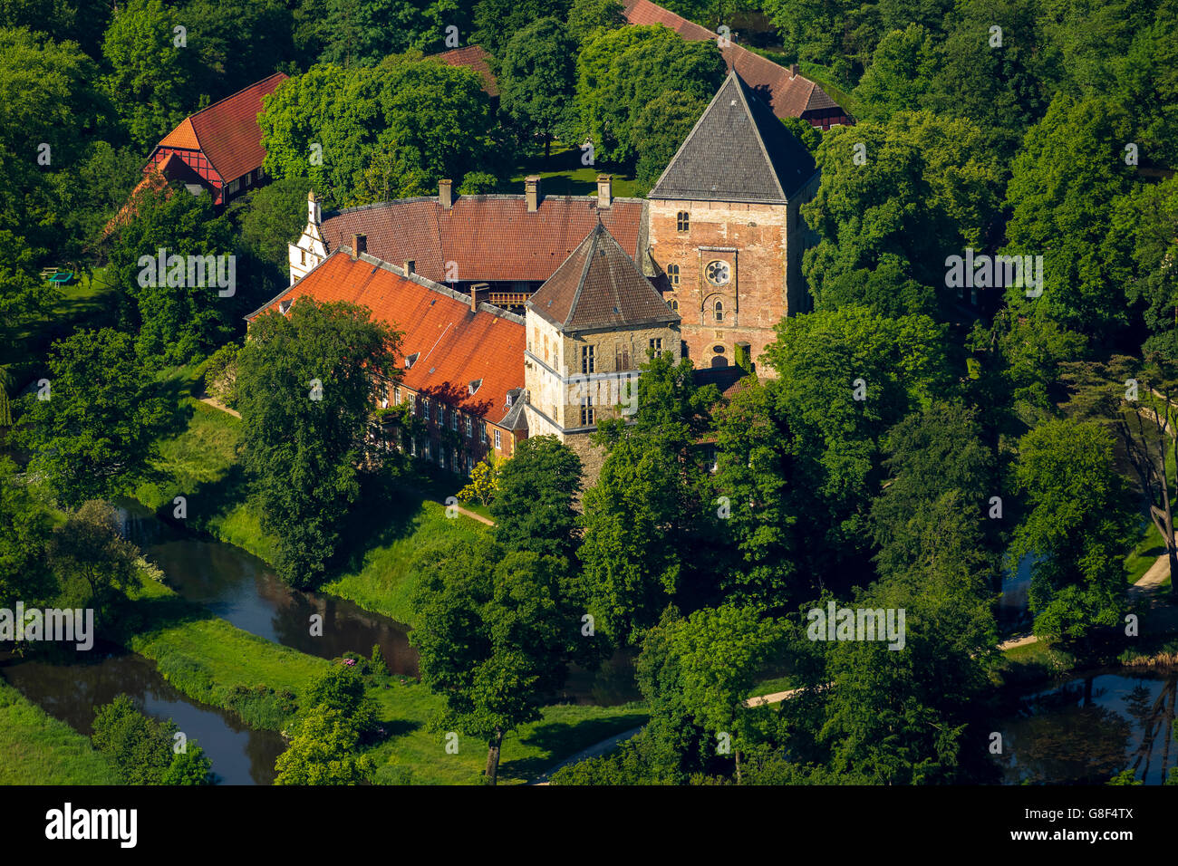 Aerial view, overview of the Rheda Castle, moated castle with moat ...