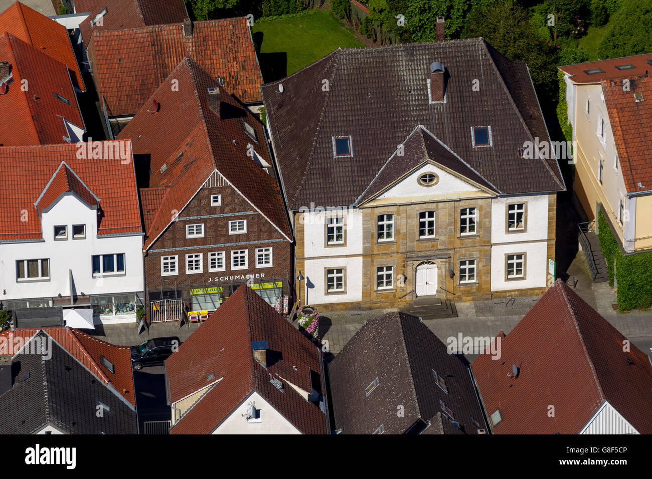 Aerial view, houses in the historic center of Rietberg, Rietberg, East ...
