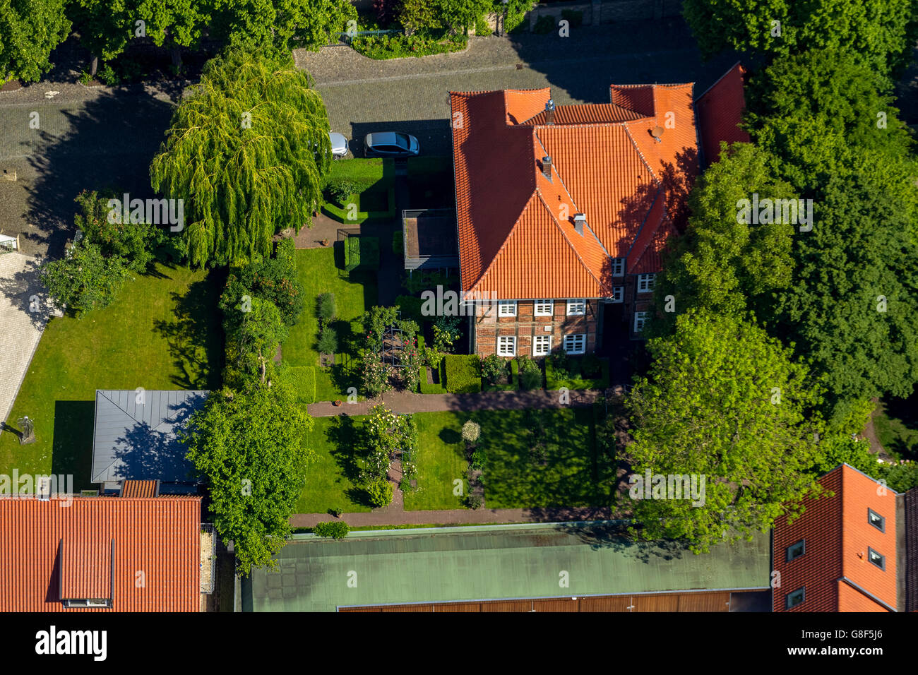 Aerial view, Münte street timbered house, Rietberg, East Westphalia ...