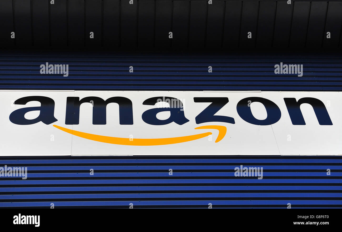 A view of an Amazon sign at the fulfillment centre in Hemel Hempstead ...