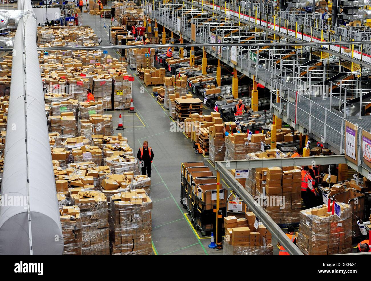 A view of customer orders ready for dispatch at the Amazon fulfillment ...