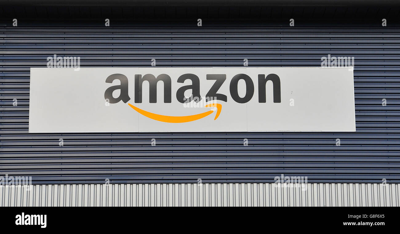 A view of an Amazon sign at the fulfillment centre in Hemel Hempstead ...