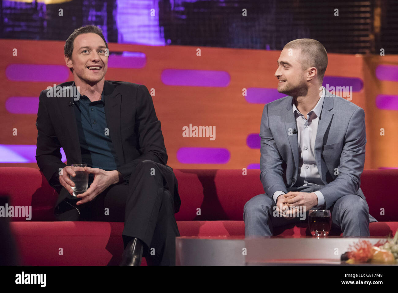 James McAvoy and Daniel Radcliffe during filming of the Graham Norton ...