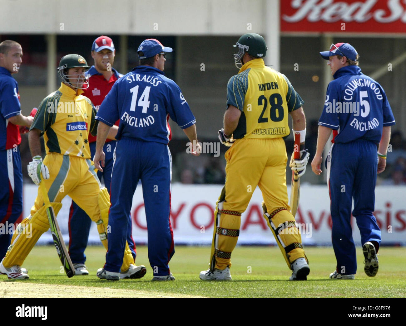Australia's captain Ricky Ponting (2nd left) goes to hold Matthew ...