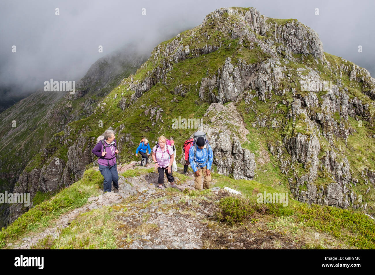 Hikers on pinnacles of Aonach Eagach ridge walking west. Glencoe ...
