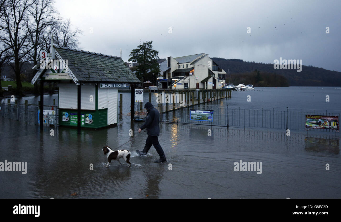 Heavy rain and high winds cause the water levels to rise at Bowness ...