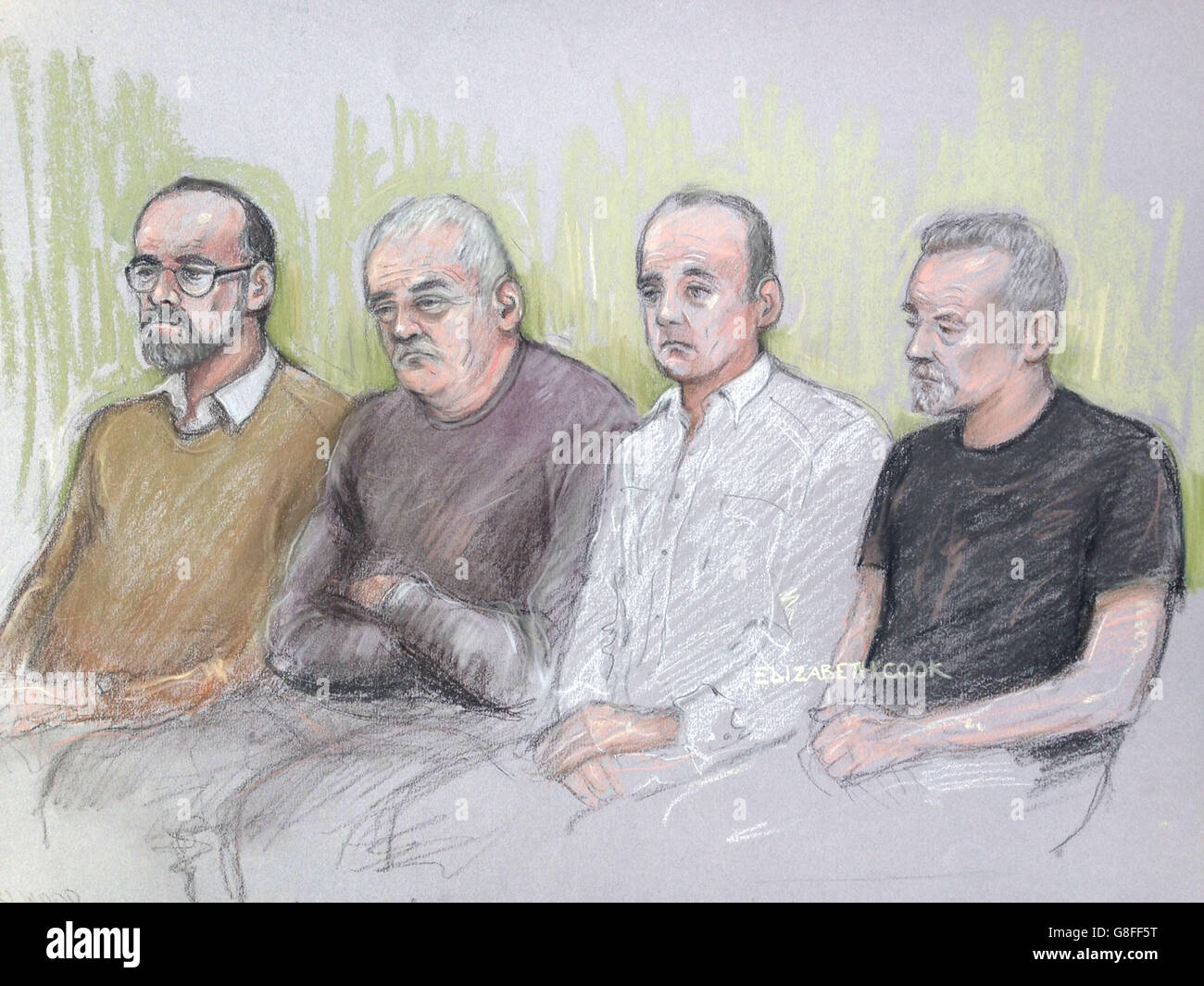 Court artist sketch by Elizabeth Cook of (left to right) Carl Wood ...