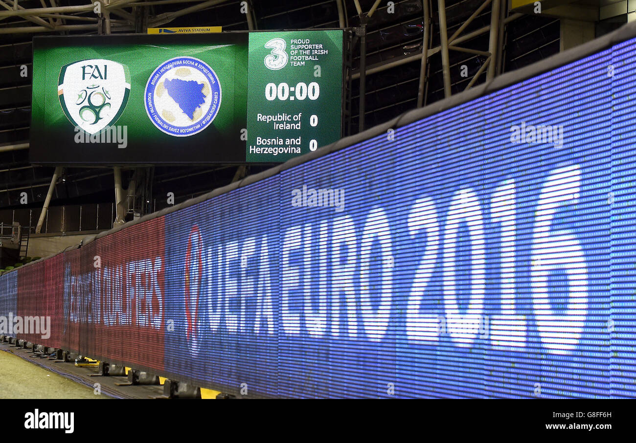 A general view of the electronic scoreboad and hoarding boards ahead of ...