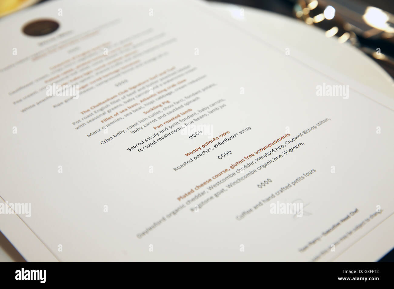 The menu at the cheltenham club at cheltenham racecourse hi-res stock ...