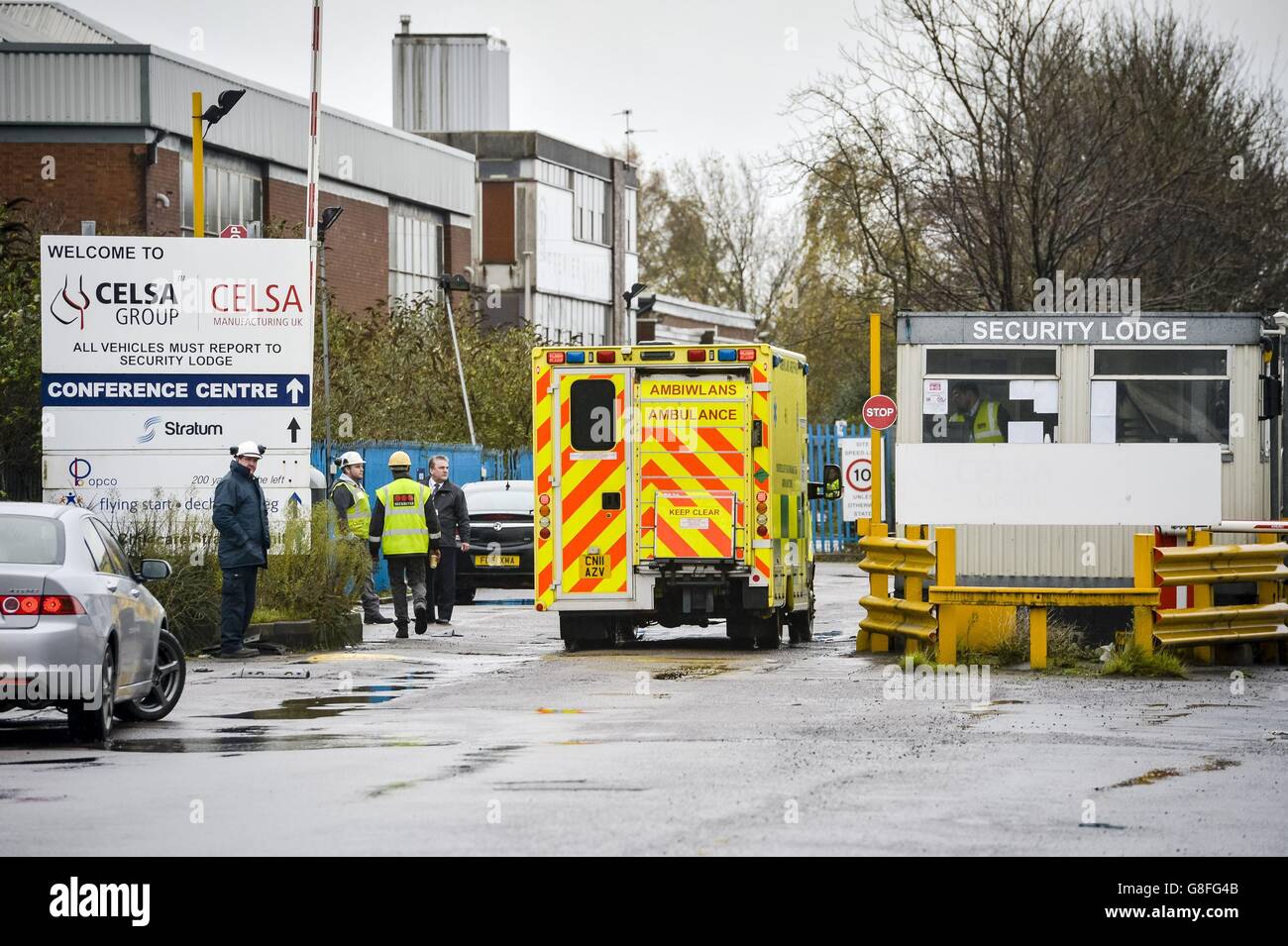 An ambulance enters the security gate of the Celsa Manufacturing ...