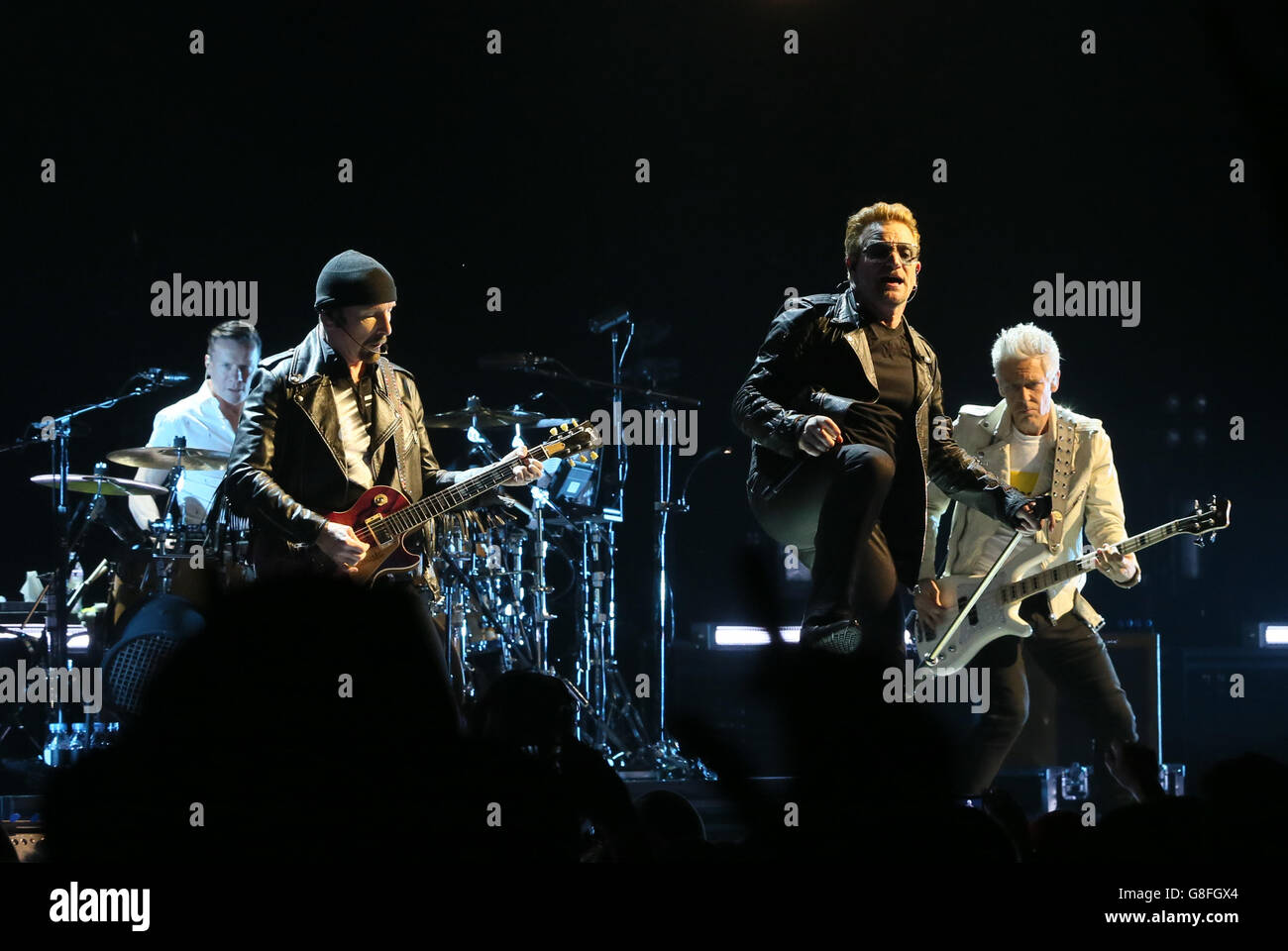 (Left to right) Larry Mullen Jr, The Edge, Bono and Adam Clayton of U2 ...