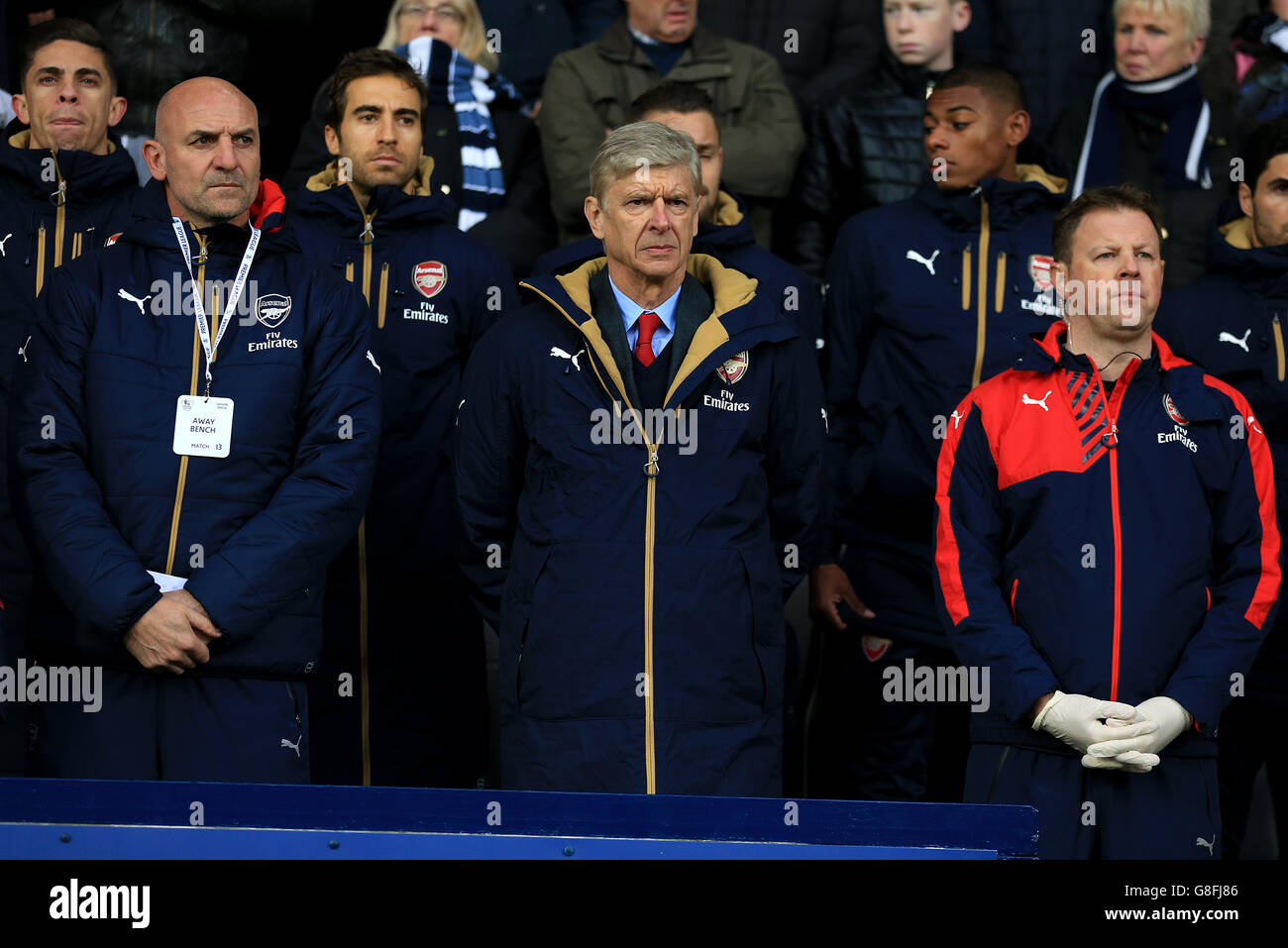 Arsenal manager Arsene Wenger (centre) and assistant Steve Bould during ...