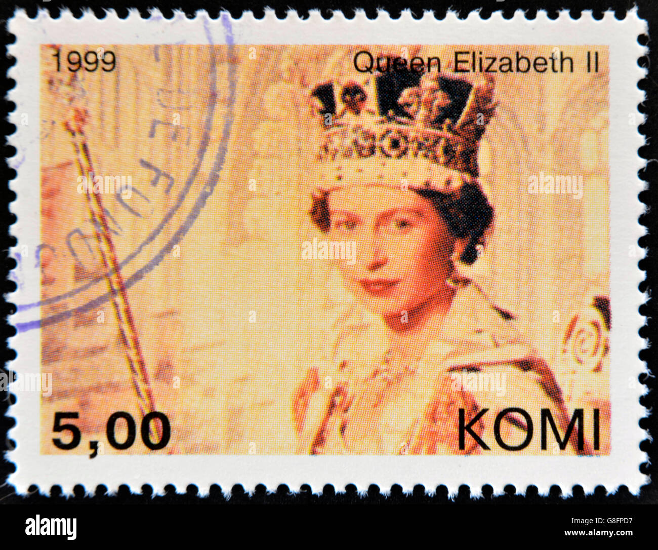 KOMI - CIRCA 1999: A stamp printed in Komi shows Queen Elizabeth II ...