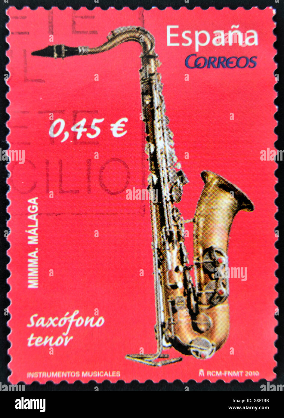 SPAIN - CIRCA 2010: A stamp printed in Spain shows tenor saxophone ...