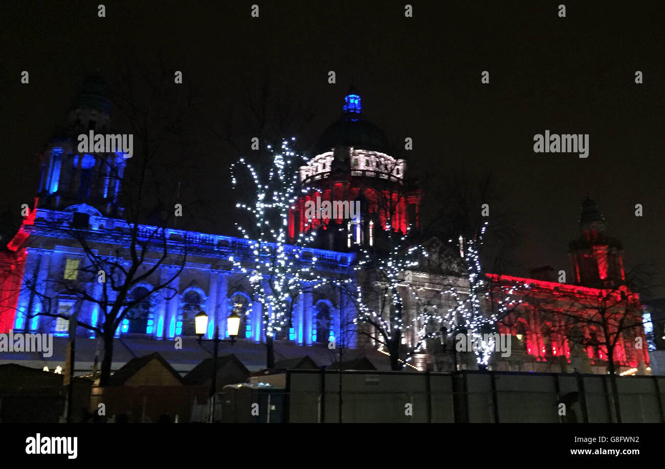 Belfast City Hall, illuminated with the colours of the French tricolor ...