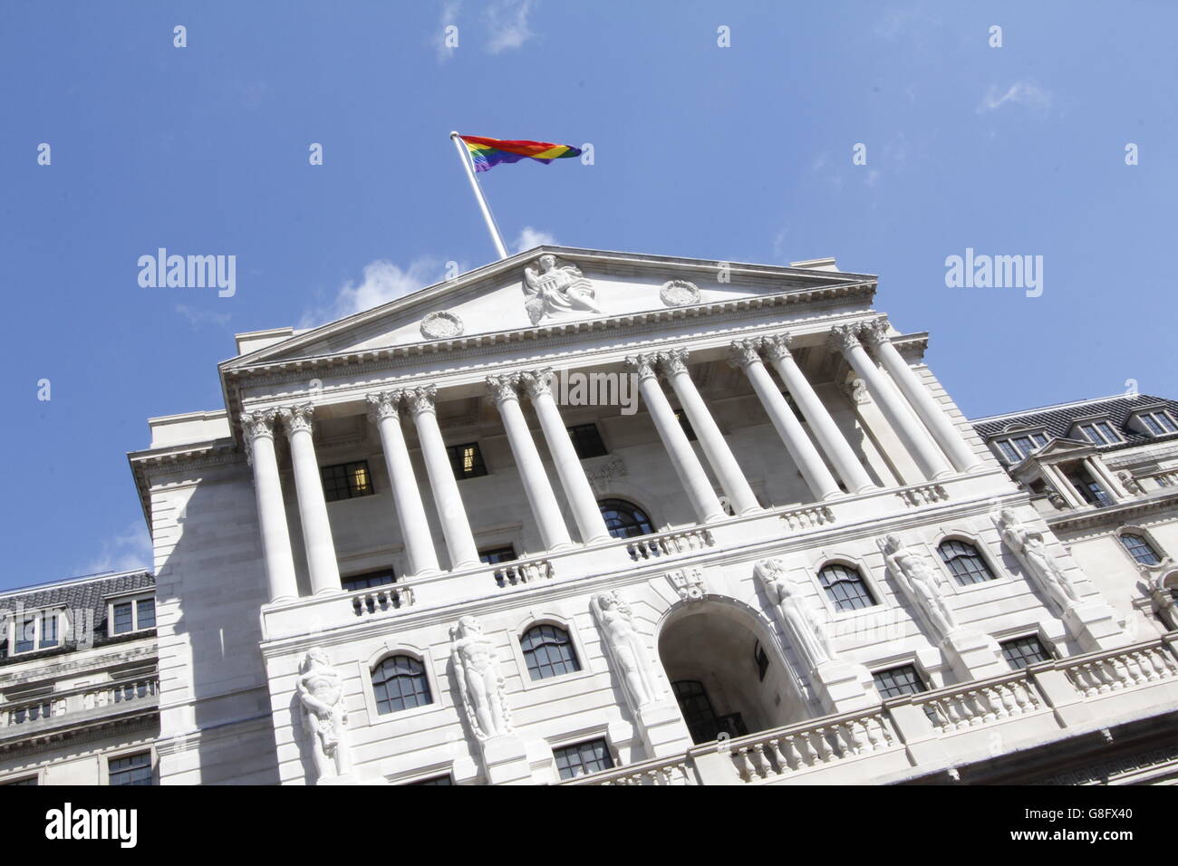 Gay Pride in London 2016. The Bank of England flying LGBT rainbow flag ...