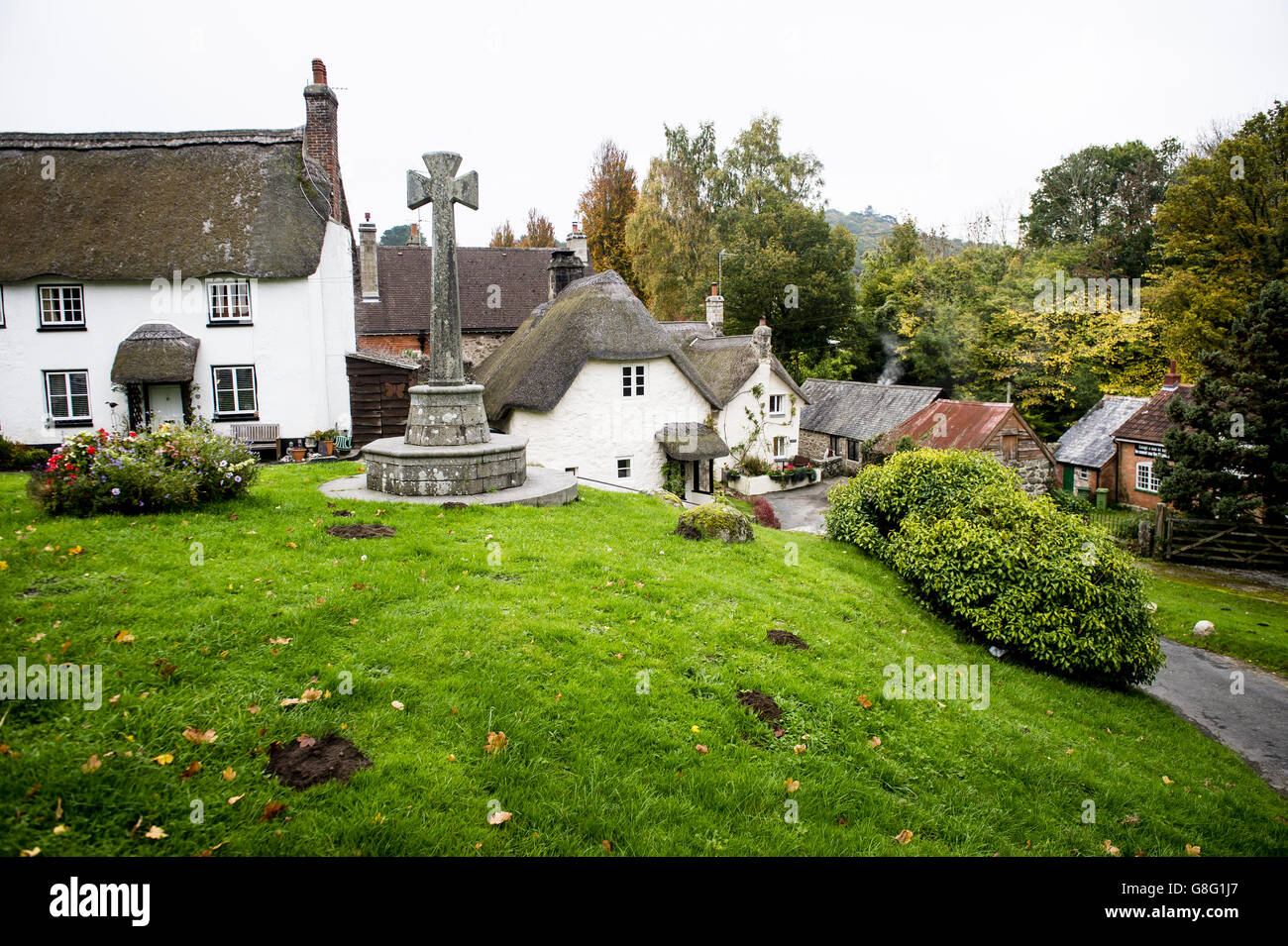 The village green and Celtic Cross at Lustleigh, Devon. PRESS ...