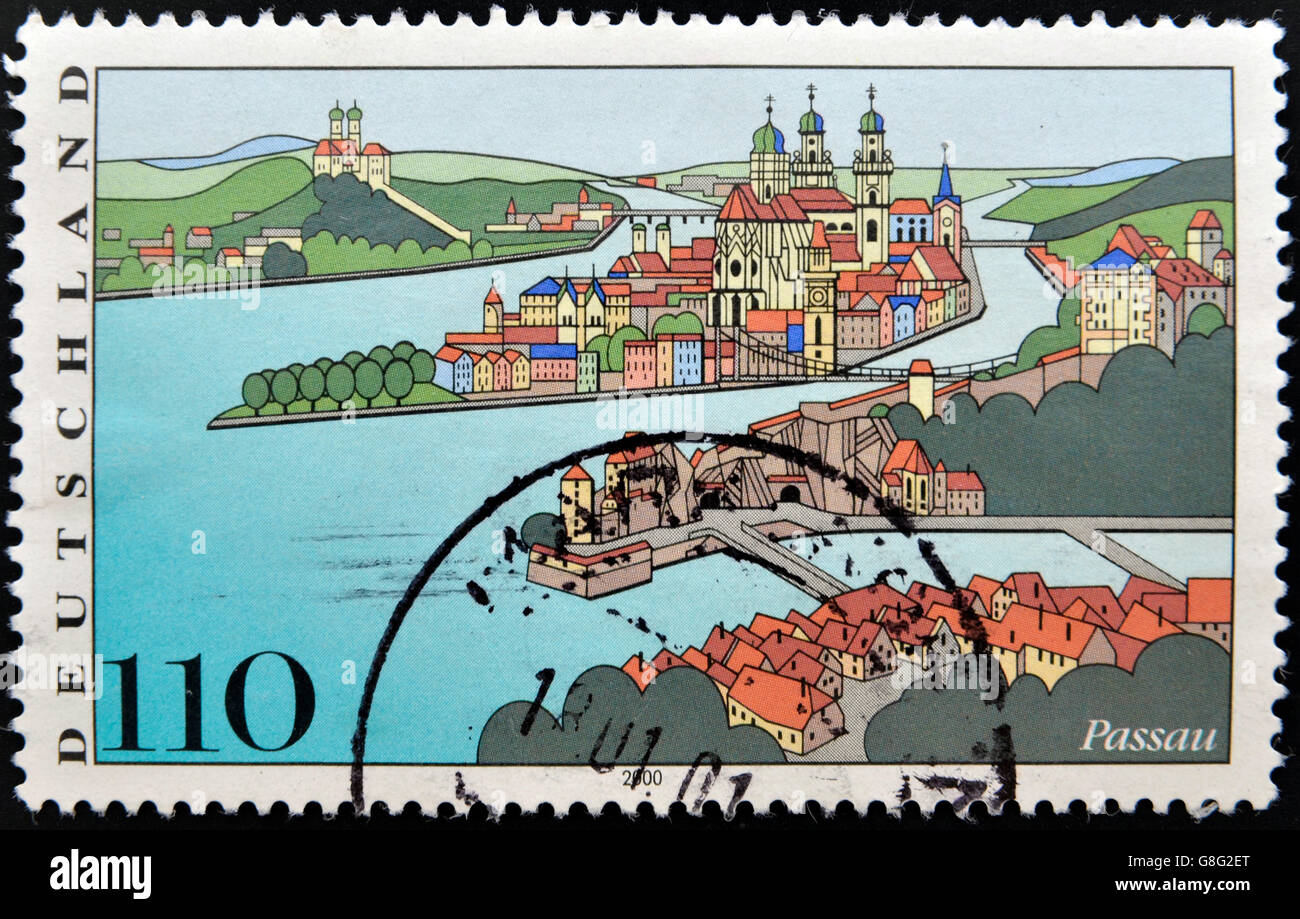 GERMANY - CIRCA 2000: A stamp printed in germany shows view of Passau ...