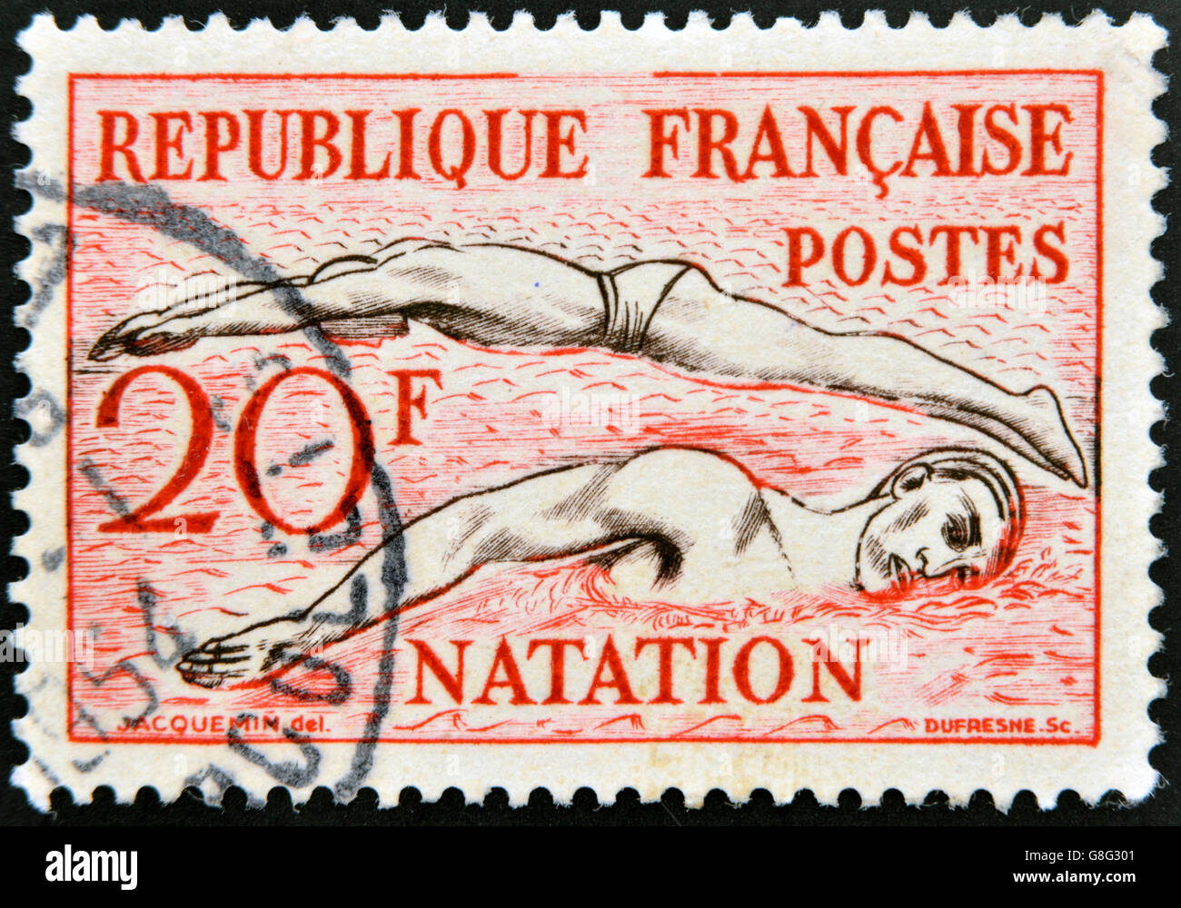 FRANCE - CIRCA 1953: a stamp printed in the France shows Swimming ...