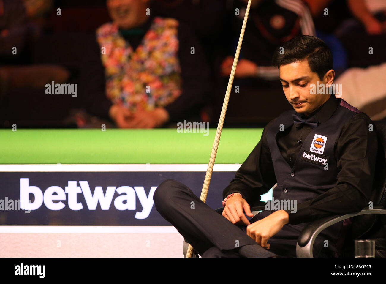 Aditya Mehta of India during day five of the 2015 Betway UK Snooker ...