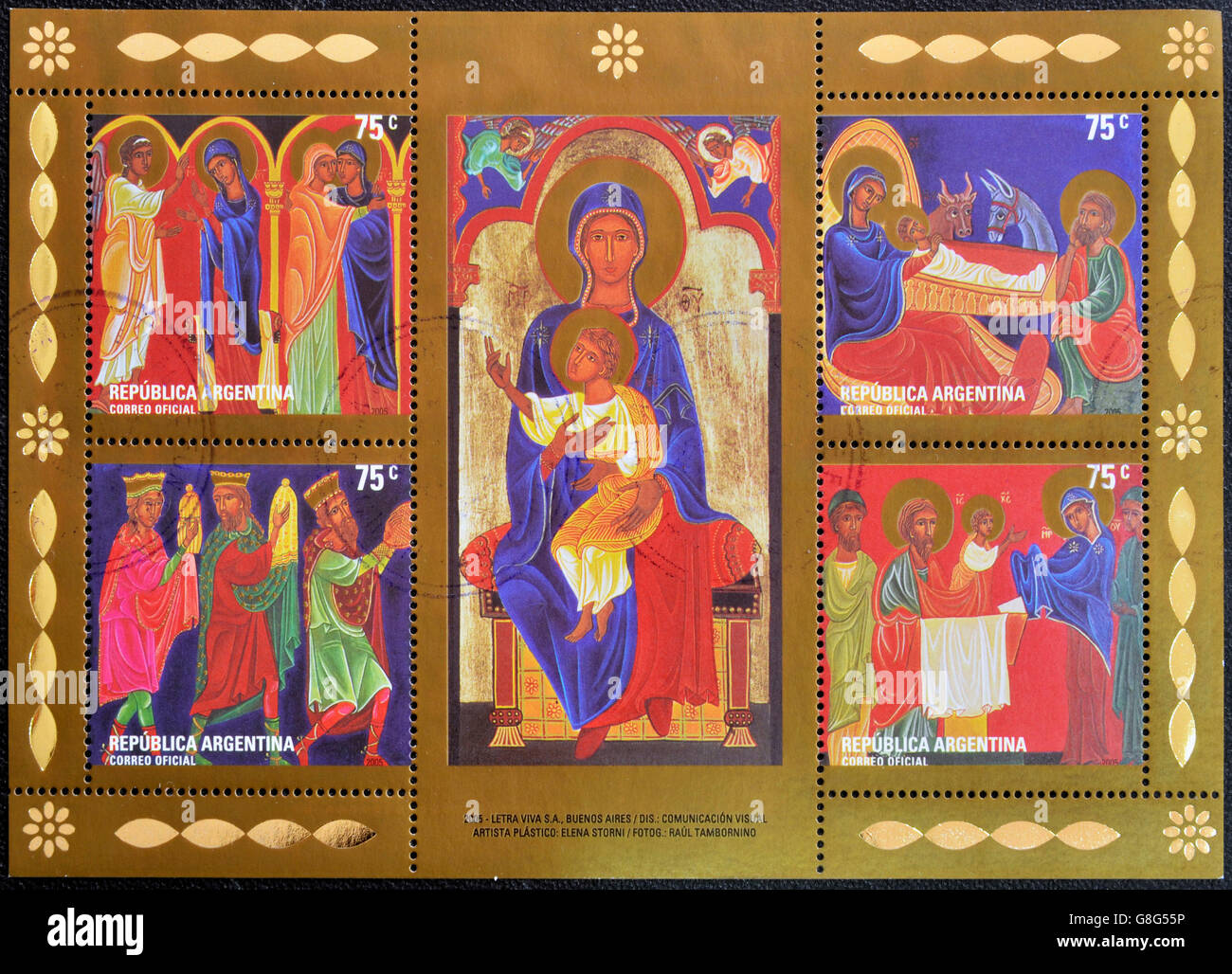 ARGENTINA - CIRCA 2005: A christmas stamp shows different Nativity ...