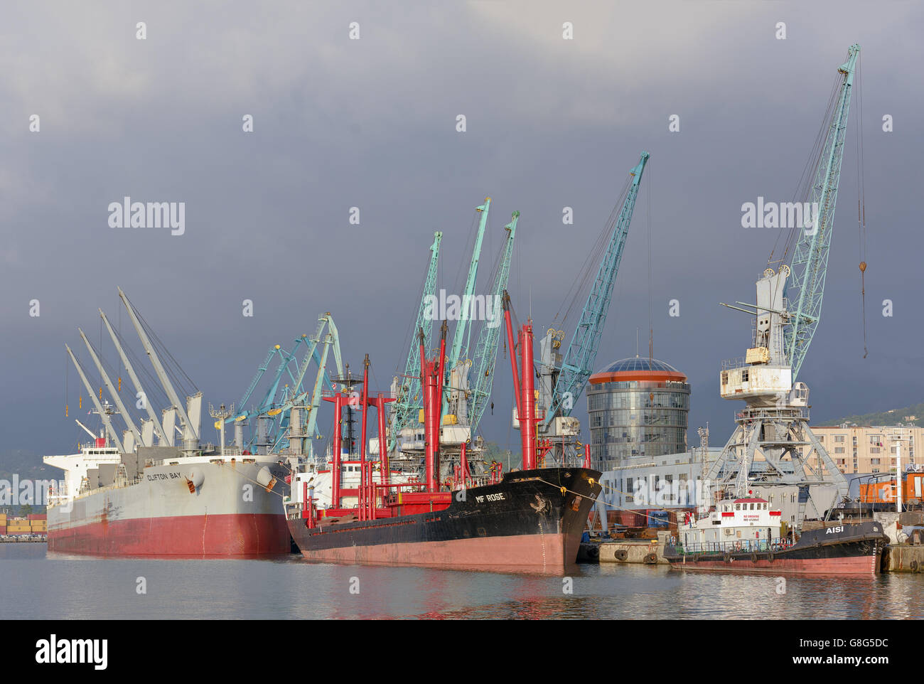 Batumi industrial sea port with ships and cranes, Black Sea harbour ...