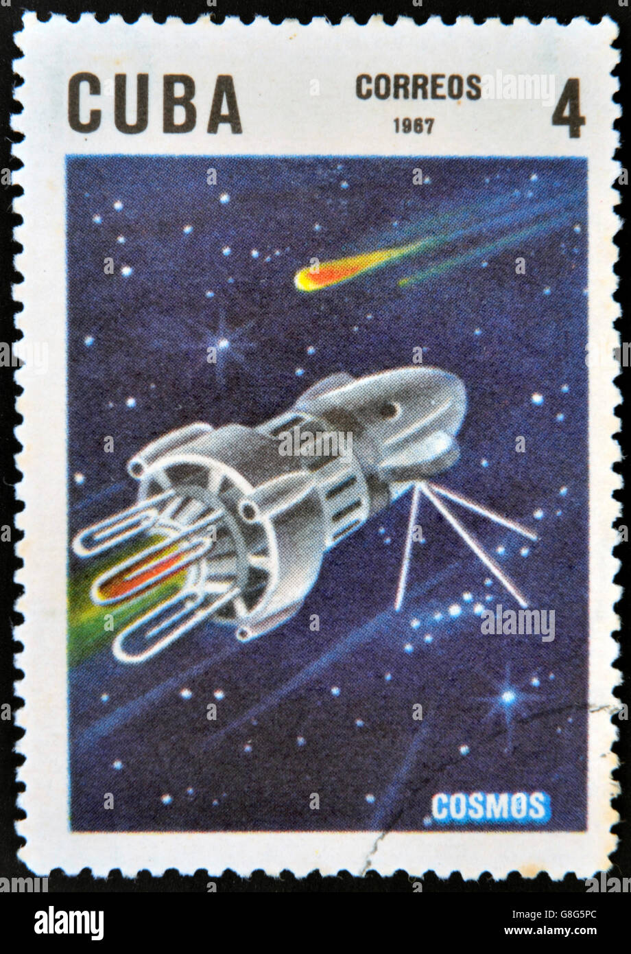 CUBA - CIRCA 1967: A stamp printed in Cuba shows space satellite Cosmos ...