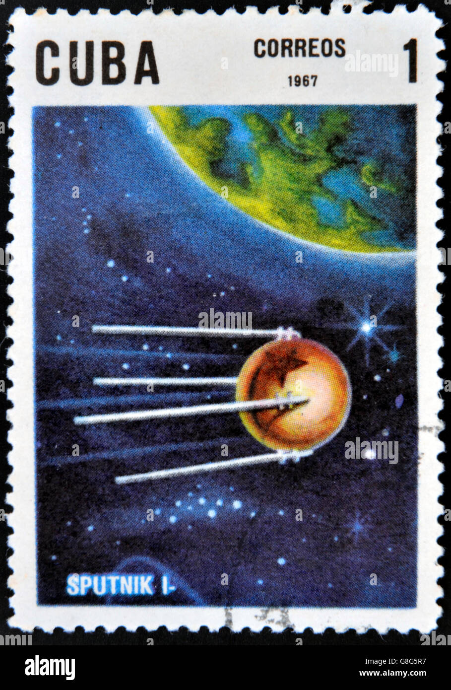 CUBA - CIRCA 1967: A stamp printed in Cuba shows flight of first soviet ...
