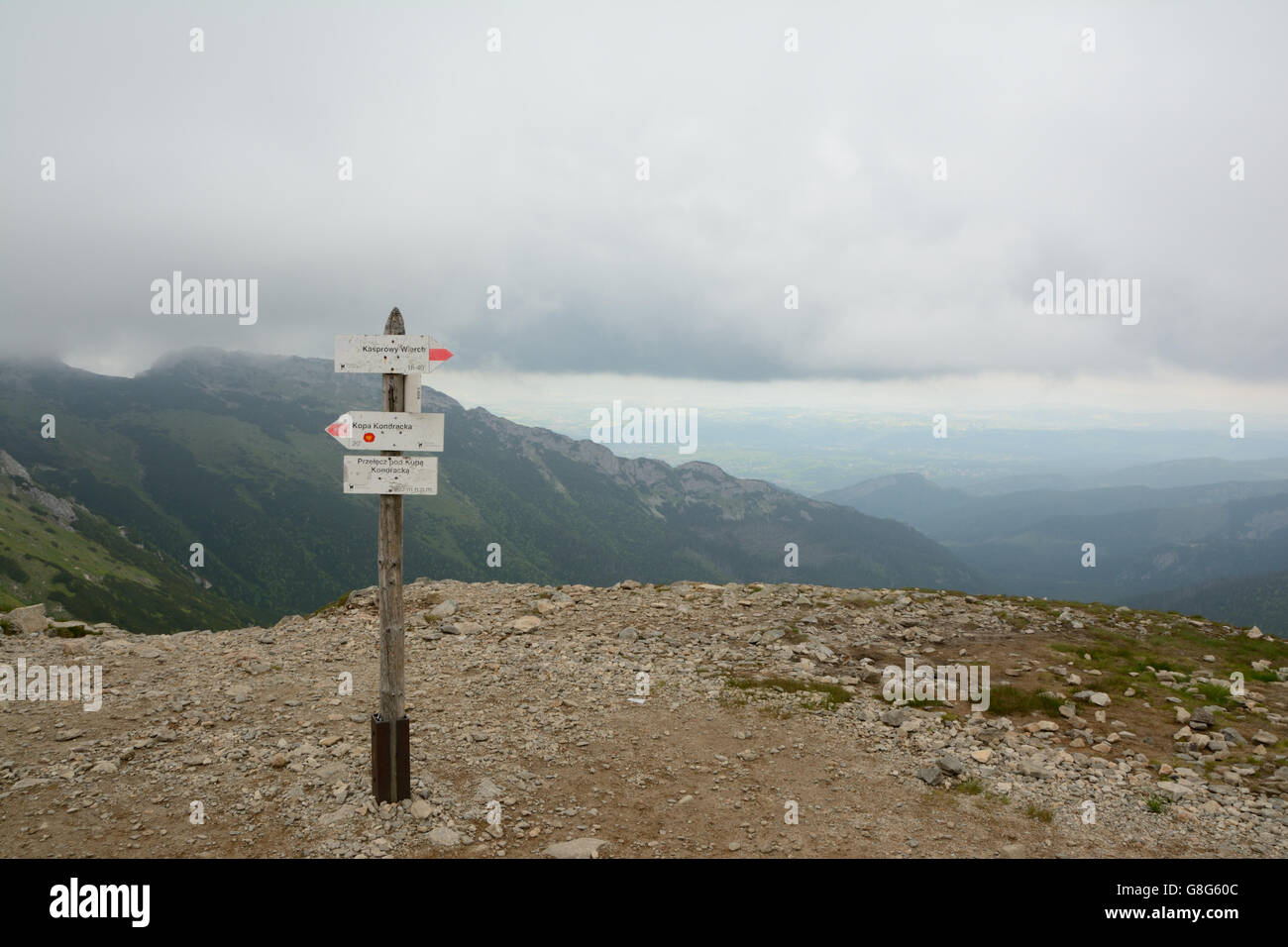 Trail direction signs on Kondracka Kopa pass in Tatra mountains nearby ...