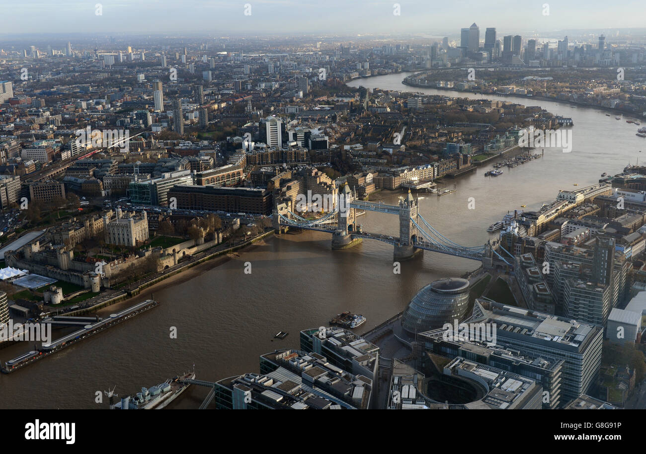 General view of Tower Bridge and the Tower of London, London seen from ...