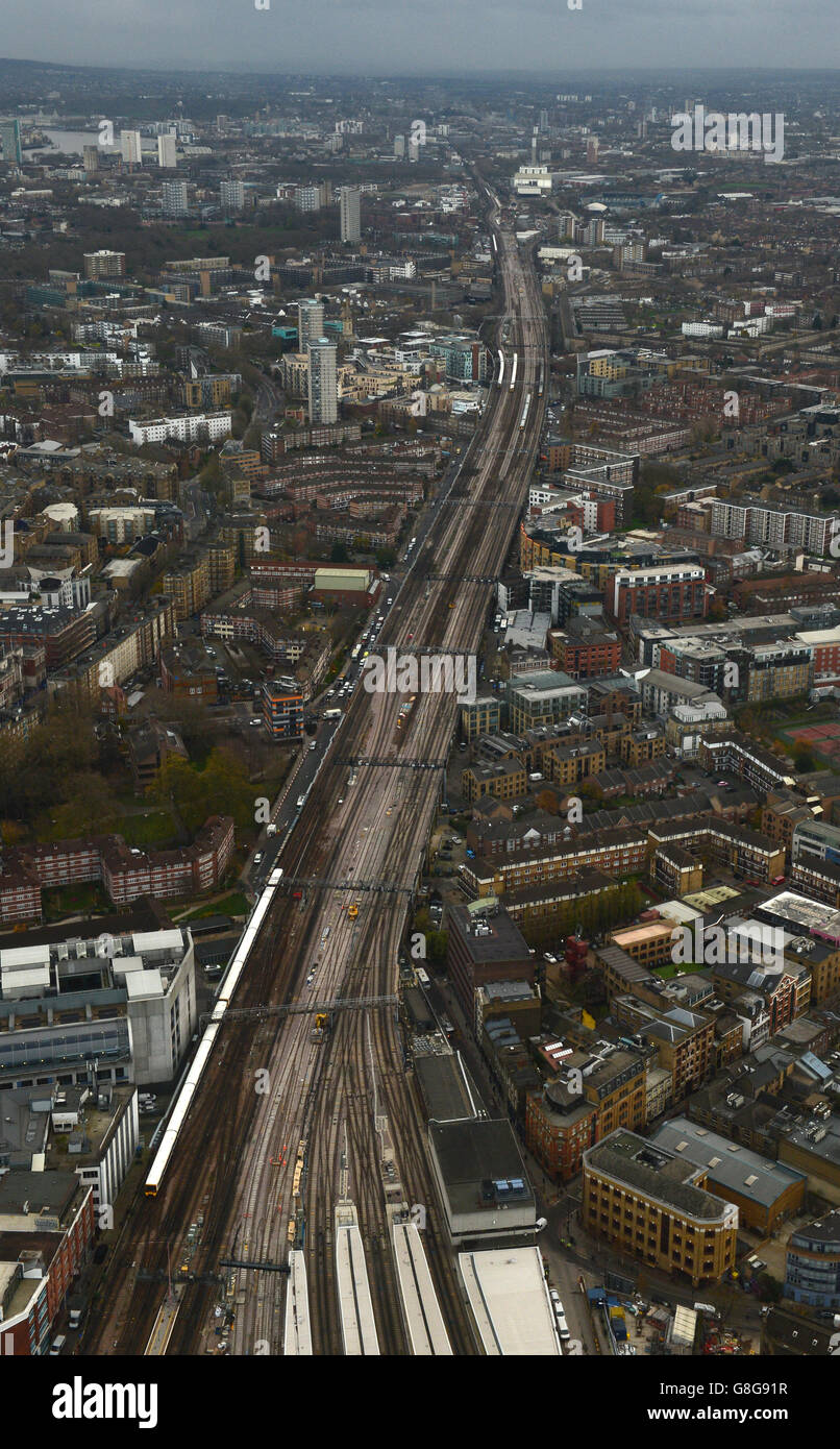 General view of trains heading towards London Bridge station, seen from ...