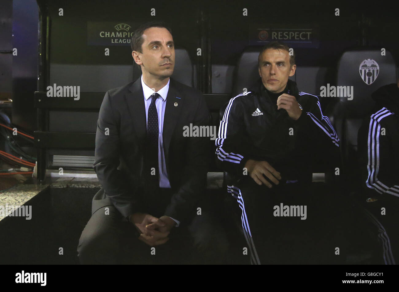 Valencia manager gary neville left and his assistant hi-res stock ...