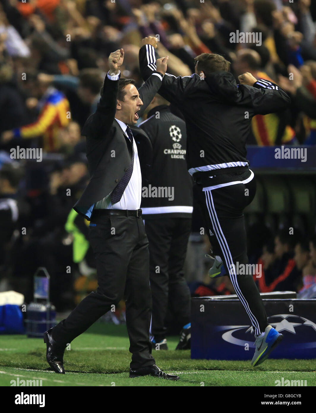 Valencia manager gary neville left and his assistant hi-res stock ...